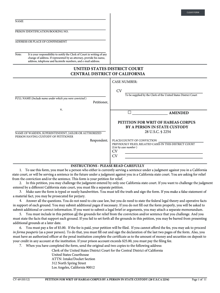 Petition for Writ of Habeas Corpus by a Person in State Custody - Blank ...
