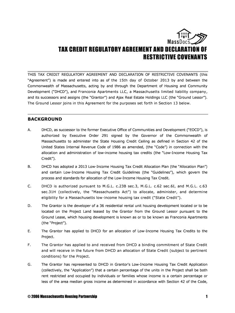 Fillable Online TAX CREDIT REGULATORY AGREEMENT AND DECLARATION OF Fax ...