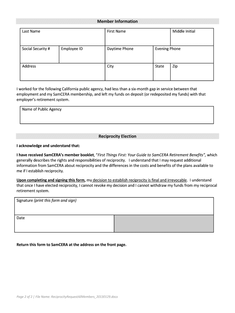 Fillable Online samcera SamCERA RECIPROCITY REQUEST FORM Fax Email ...