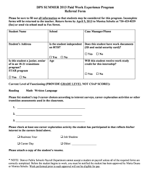 Fillable Online DPS SUMMER 2013 Paid Work Experience Program Referral ...