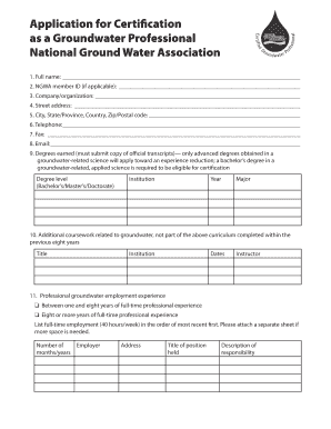 Fillable Online ngwa Application for Certification as a Groundwater ...