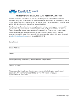 Fillable Online AMERICANS WITH DISABILITIES (ADA) ACT COMPLAINT FORM Fax Email Print - pdfFiller