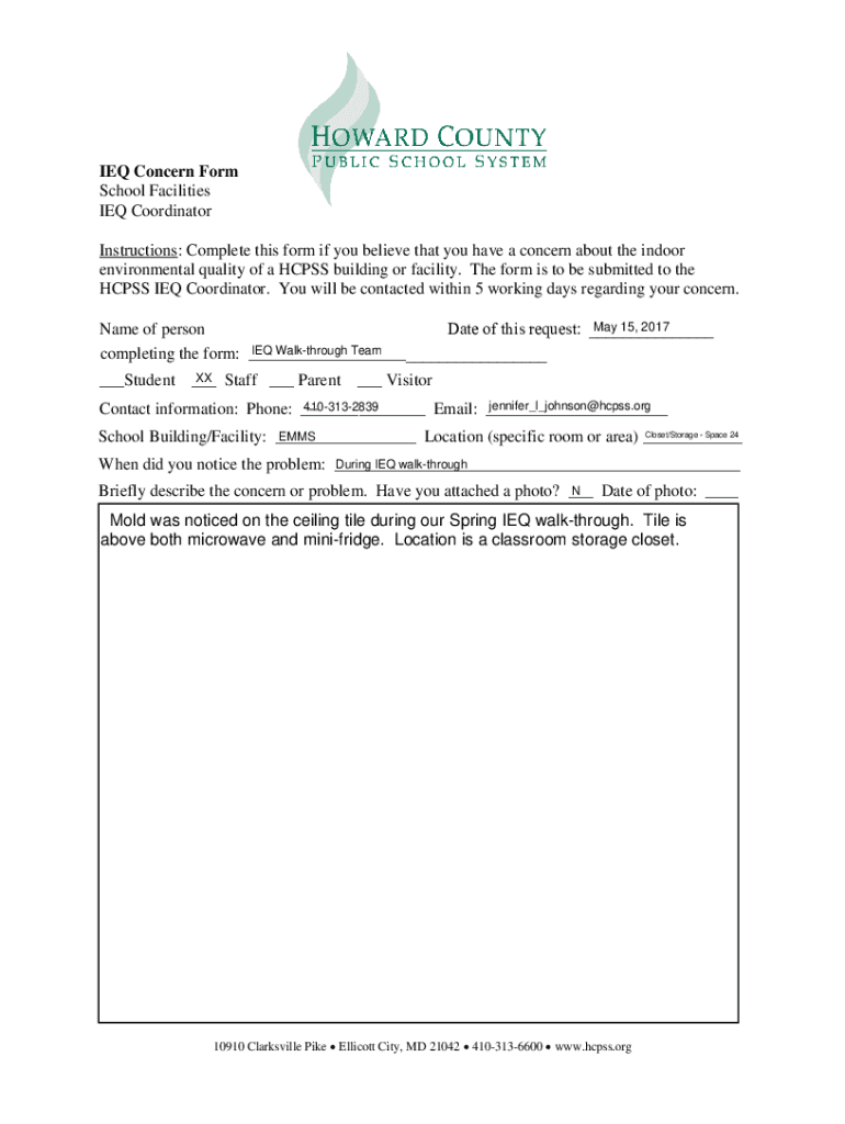 Fillable Online emms hcpss IEQ Concern Form Fax Email Print - pdfFiller