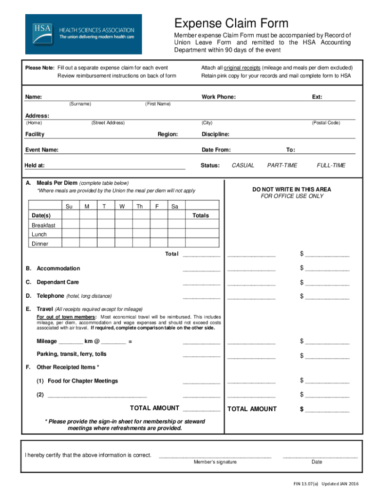 Fillable Online Member Expense Claim and Record of Union Leave Forms ...