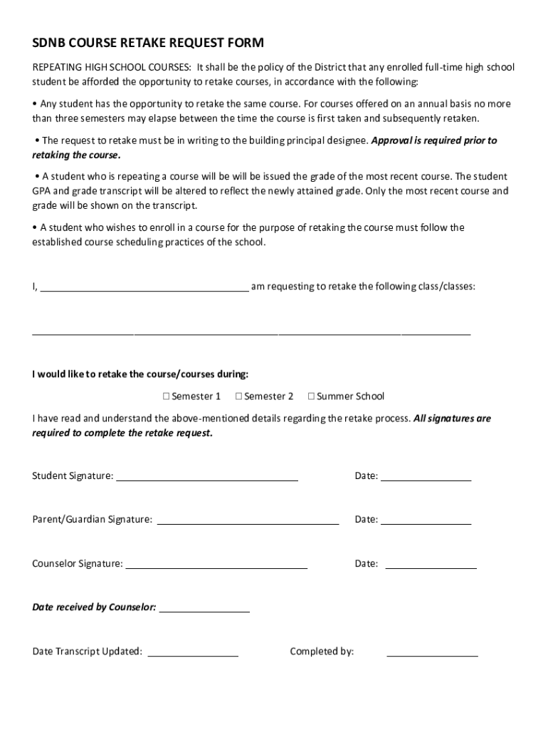 Fillable Online SDNB COURSE RETAKE REQUEST FORM Fax Email Print - pdfFiller