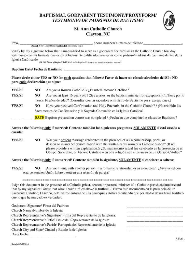 Fillable Online Fillable Online Godparent Testamony Form WITH Bilingual ...
