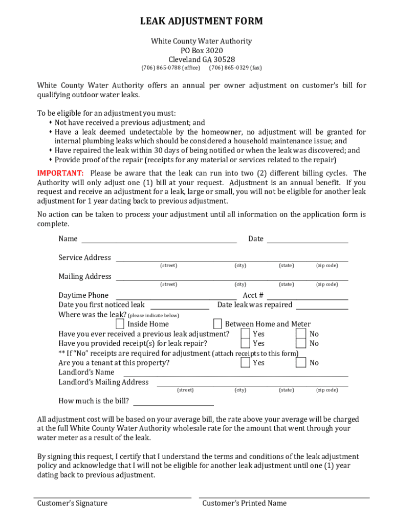 Fillable Online LEAK ADJUSTMENT FORM - whitecountywater.org Fax Email ...
