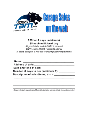 Fillable Online 2017 Garage Sale form for ads Fax Email Print - pdfFiller