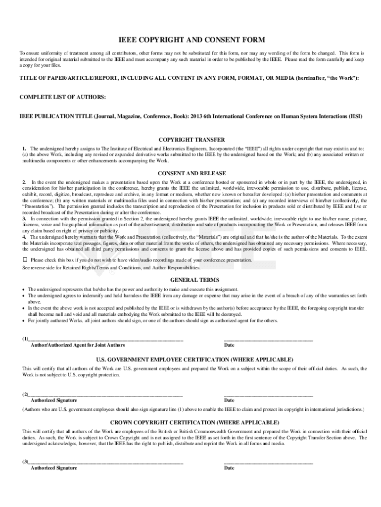 Fillable Online IEEE COPYRIGHT AND CONSENT FORM IEEE COPYRIGHT ... Fax ...