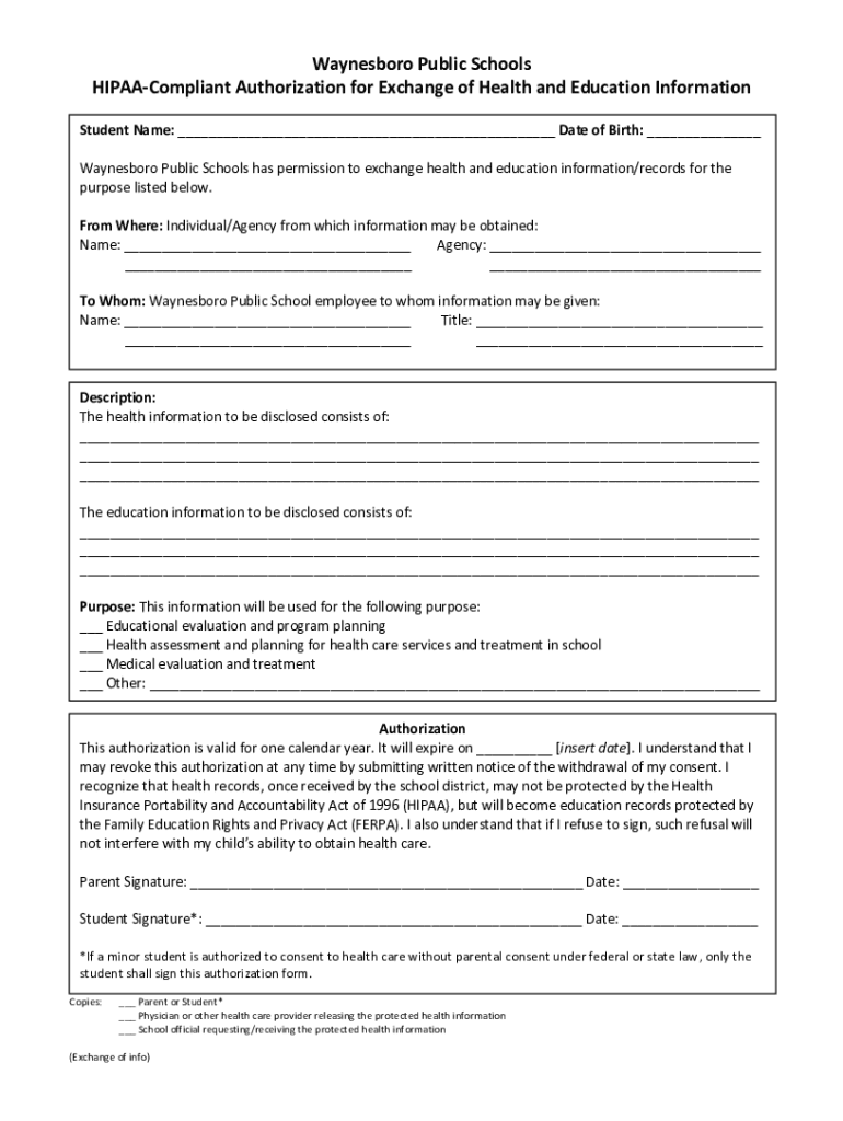 Fillable Online waynesboro k12 va HIPAA-Compliant Authorization for ...
