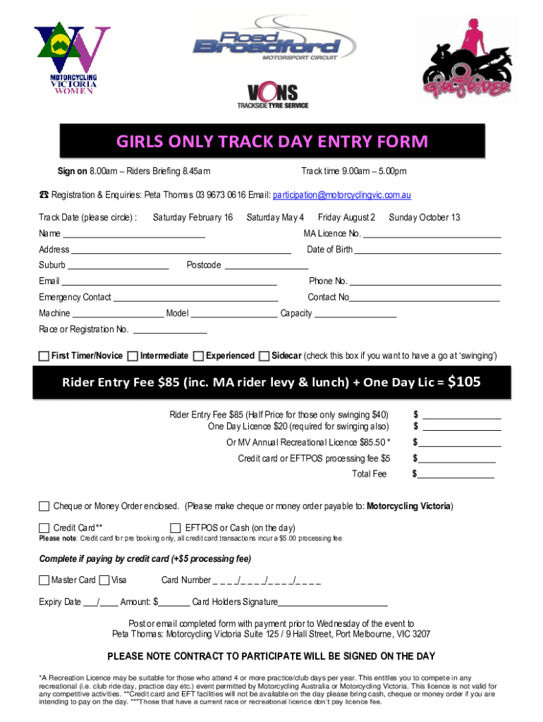Fillable Online GIRLS ONLY TRACK DAY ENTRY FORM Fax Email Print - pdfFiller