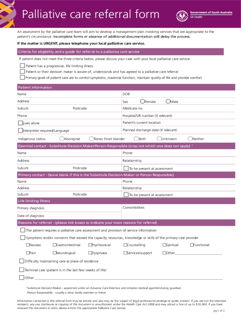 Fillable Online Palliative care referral form. Palliative care referral ...