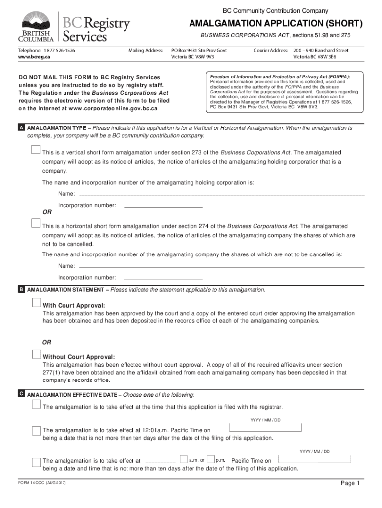 Fillable Online Amalgamation Application (Short). Use this form to ...