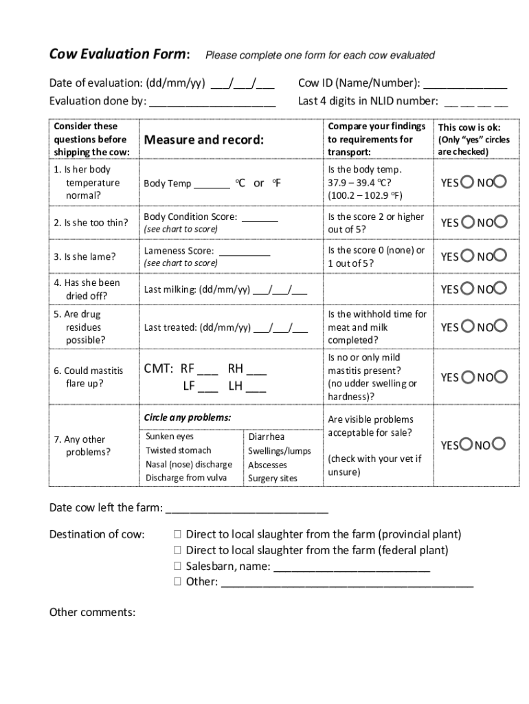 Fillable Online Evaluation Form for Cows Fax Email Print - pdfFiller