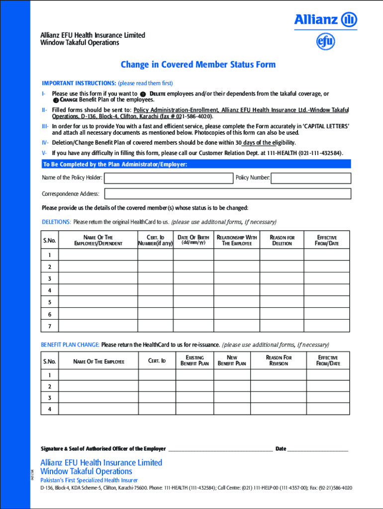Fillable Online Change in Covered Member Status Form - Allianz EFU ...