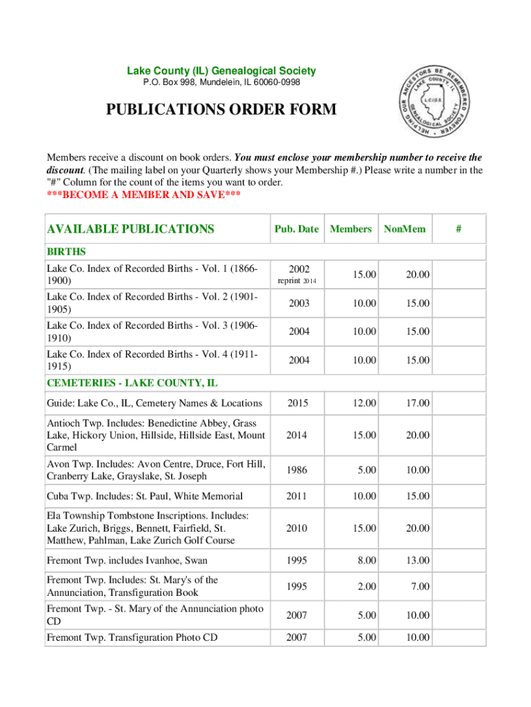 Fillable Online Lake County (IL) Genealogical Society: Publications Order Form Fax Email Print ...