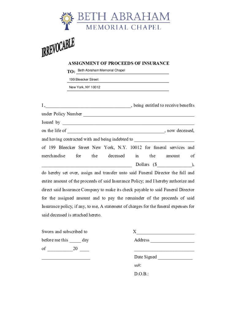 Fillable Online ASSIGNMENT OF PROCEEDS OF INSURANCE - Beth Abraham ...