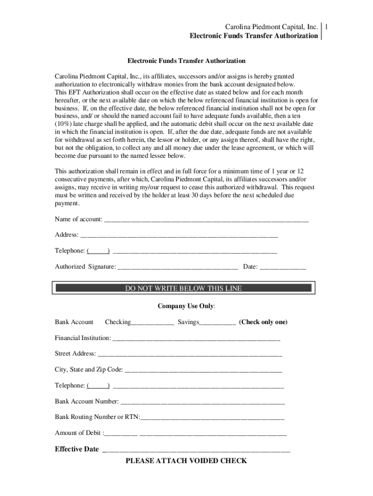 Fillable Online PDF ELECTRONIC FUNDS TRANSFER AUTHORIZATION FORM Fax ...