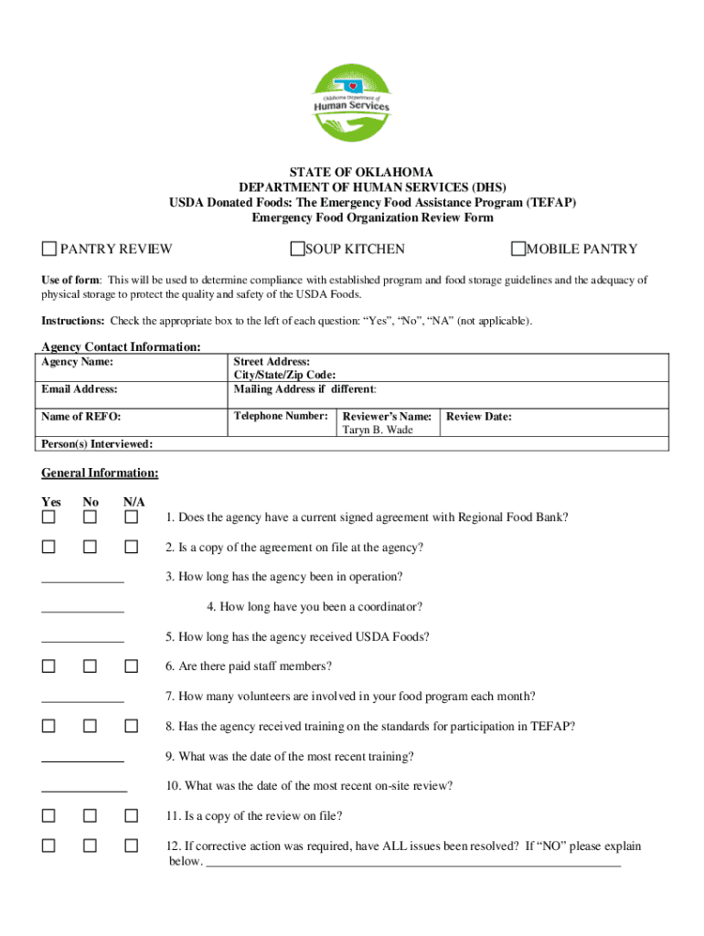 Fillable Online BLANK TEFAP Food pantry soup kitchen mobile pantry ...