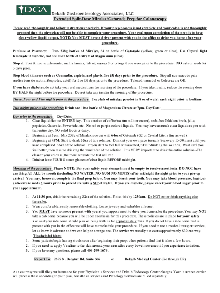 Fillable Online Split-Dose Miralax/Gatorade Prep for Colonoscopy ...