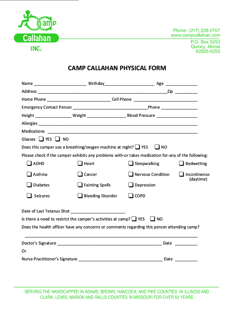 Fillable Online CAMP CALLAHAN LETTERHEAD - Camp Callahan Camp Callahan ...