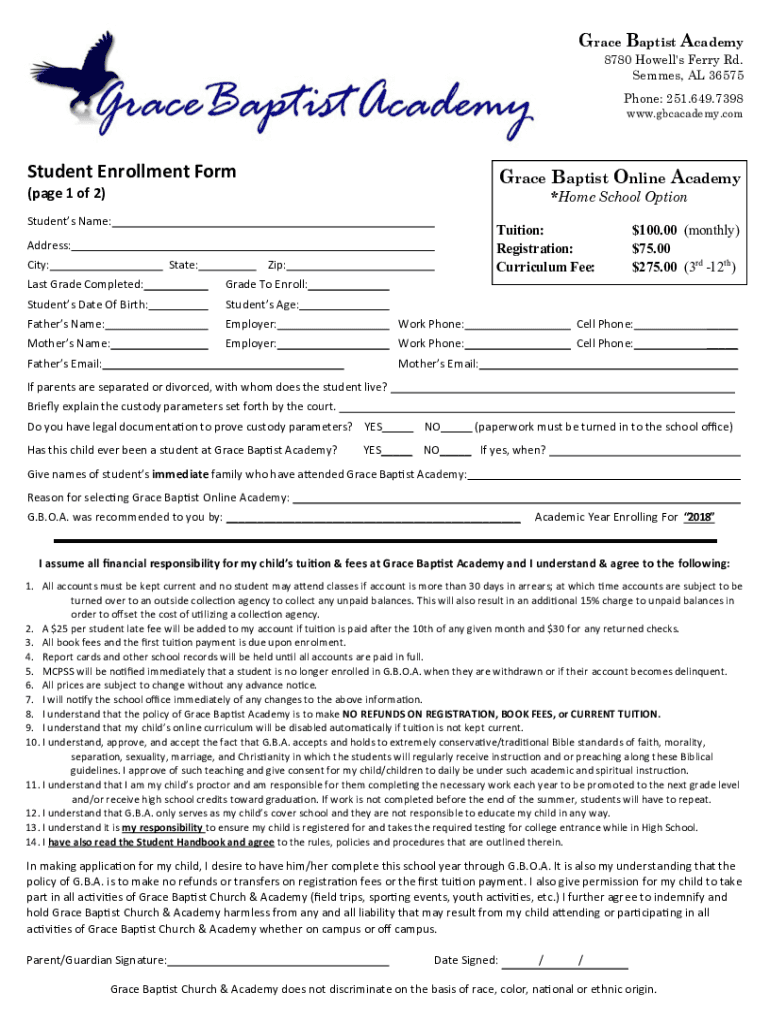 Fillable Online Grace Baptist Academy Semmes Al - Fill Online, Printable, Fillable ... Fax Email ...