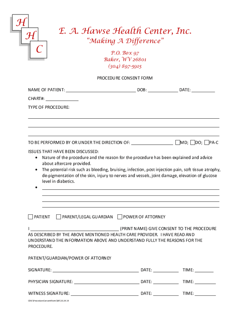 Fillable Online Procedure Consent Form - EA Hawse Health Center's Fax ...