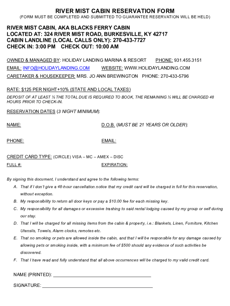 Fillable Online PDF RIVER MIST CABIN RESERVATION FORM - Holiday Landing ...