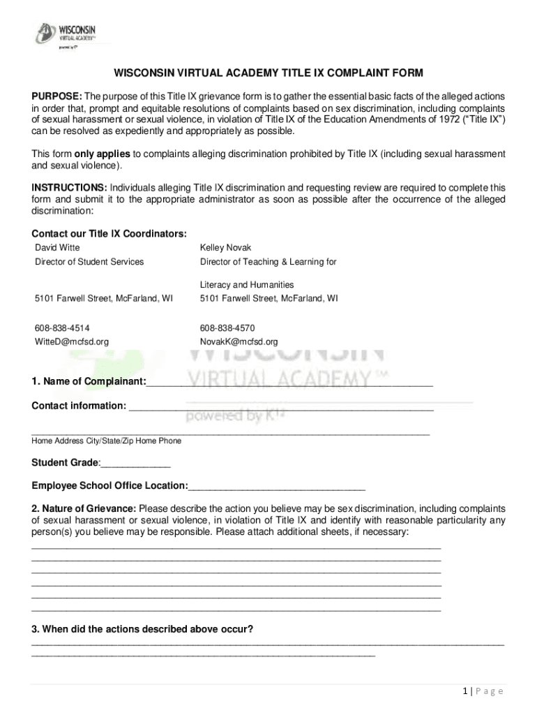 Fillable Online WISCONSIN VIRTUAL ACADEMY TITLE IX COMPLAINT FORM Fax Email Print - pdfFiller