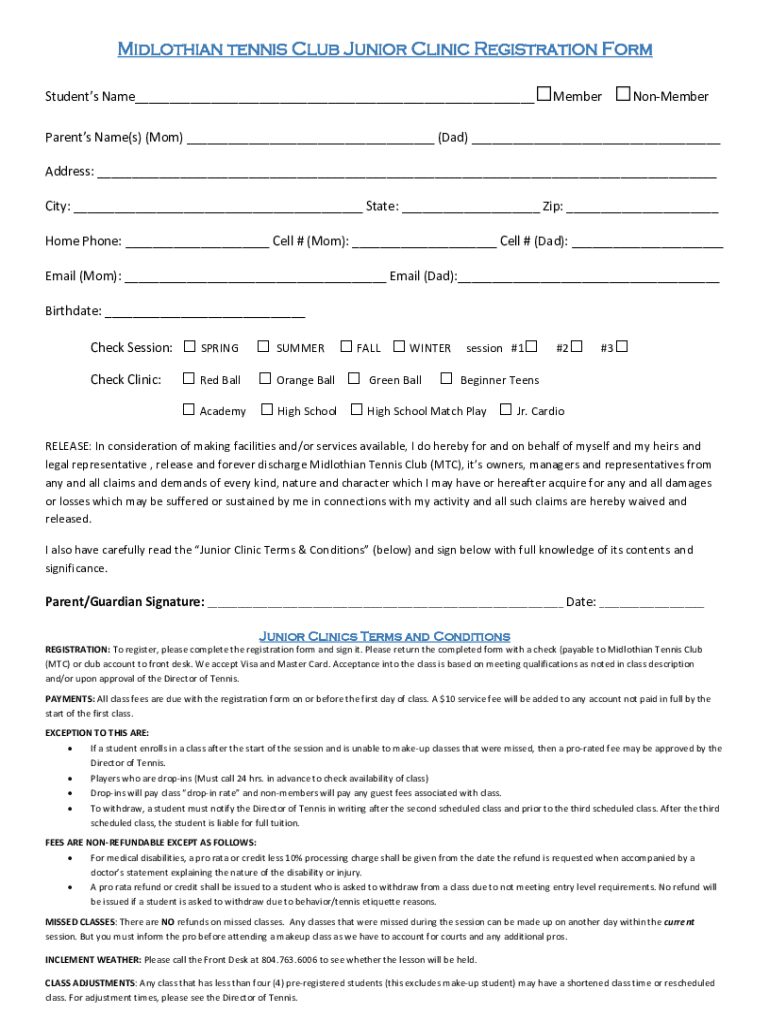 Fillable Online Midlothian tennis Club Junior Clinic Registration Form ...