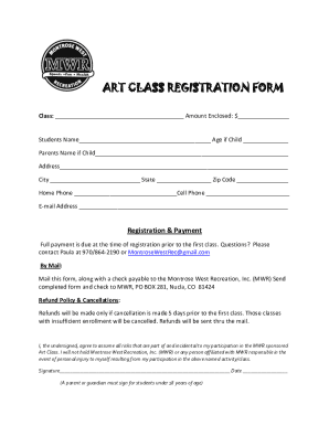 Fillable Online ART CLASS REGISTRATION FORM Information: Name of ...