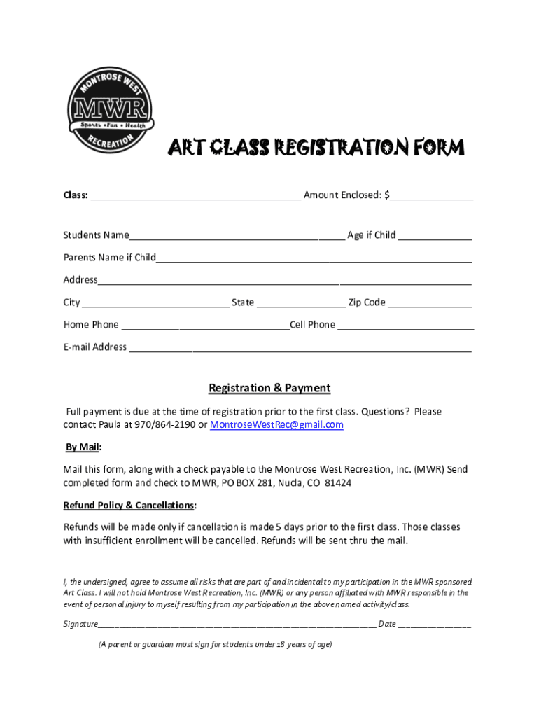 Fillable Online ART CLASS REGISTRATION FORM Information: Name of ...