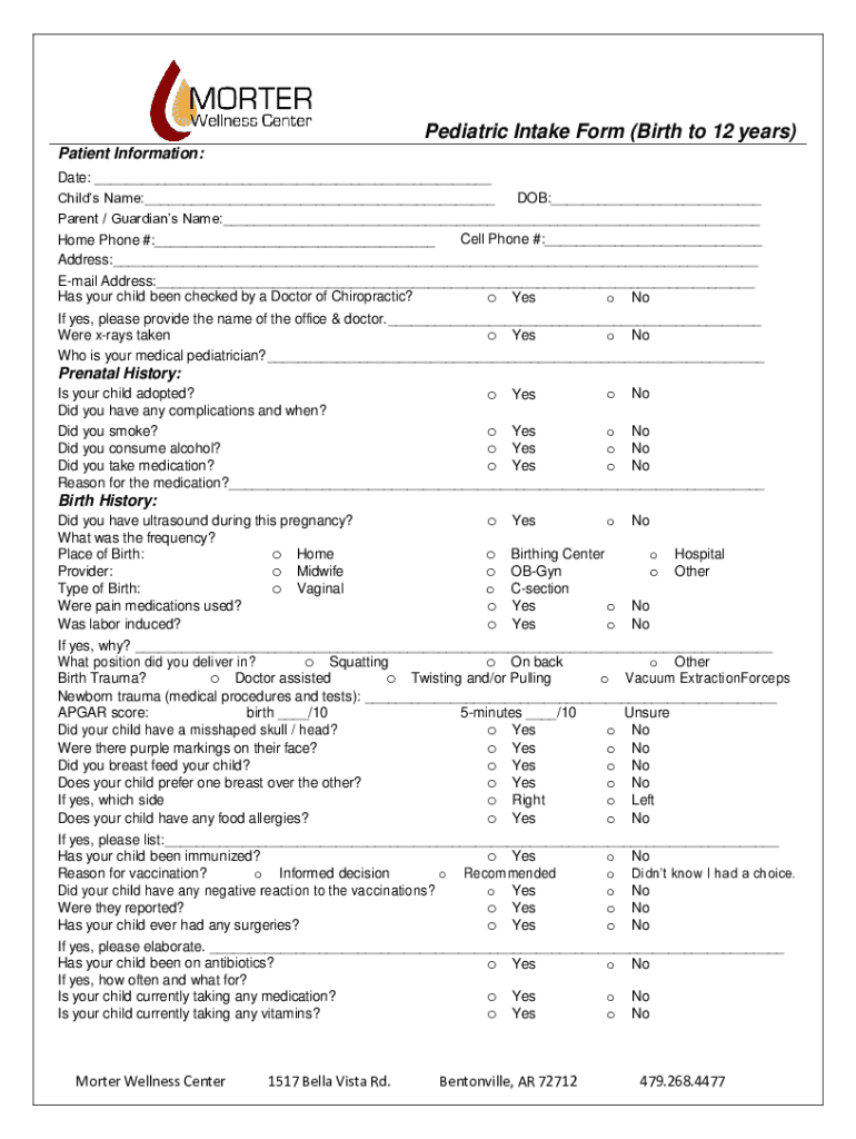 Fillable Online Pediatric Intake Form - Fill and Sign Printable ...