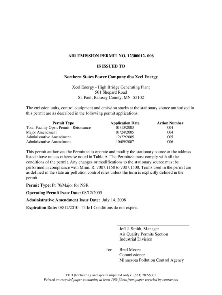 Fillable Online Air Emission Permit No. 12300012-006 Is Issued to Xcel ...
