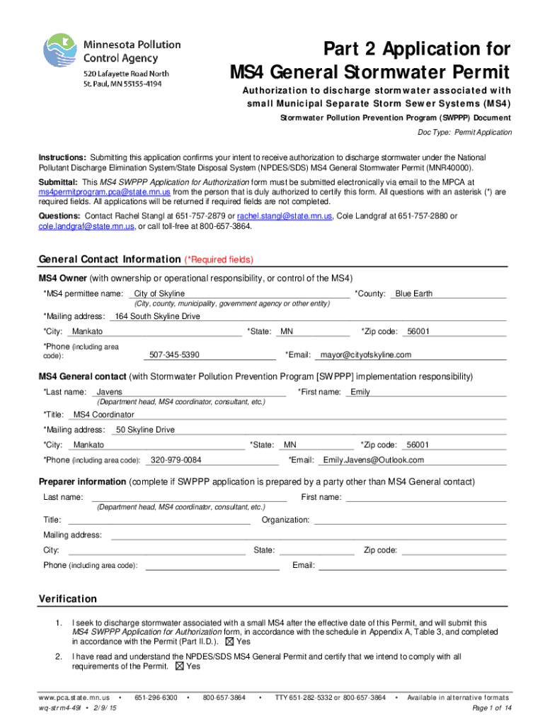 Fillable Online Submittal: This MS4 SWPPP Application for Authorization form must be submitted ...