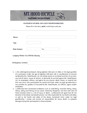 Fillable Online Bicycle Rental Waiver Form - Mt Hood Bicycle Fax Email ...