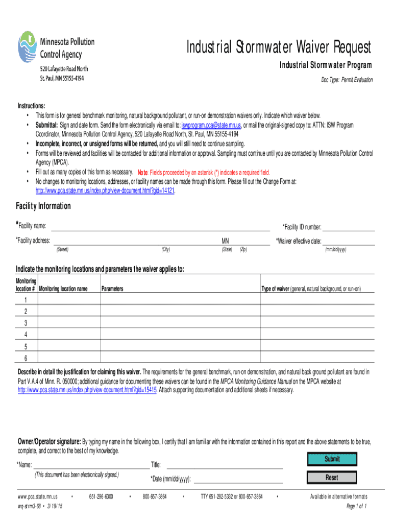 Fillable Online Industrial Stormwater Waiver Request. This form is used ...