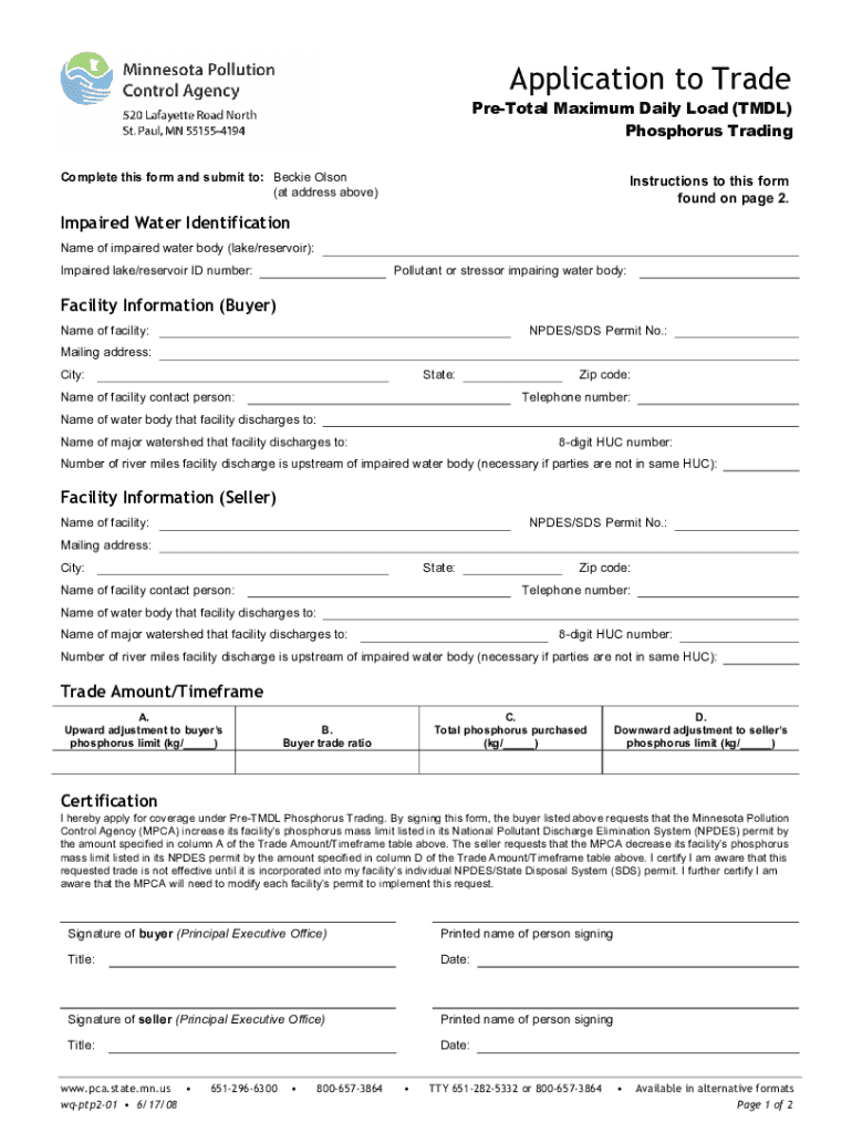 Fillable Online Application to Trade - Pre-TMDL Phosphorus Trading form ...