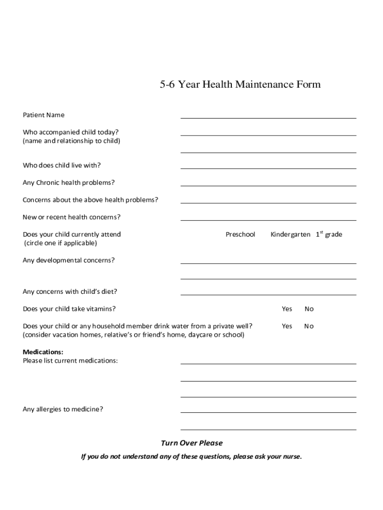 Fillable Online 5-6 Year Health Maintenance Form Fax Email Print ...