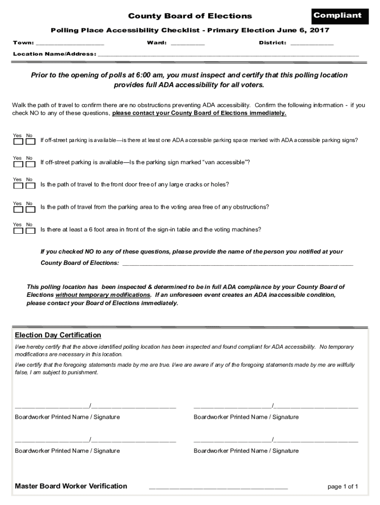 Fillable Online Polling Place Accessibility Checklist - Primary Election June 6, 2017 Fax Email ...