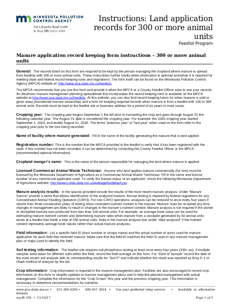 Instrucions land application records for 300 or more animal units ...
