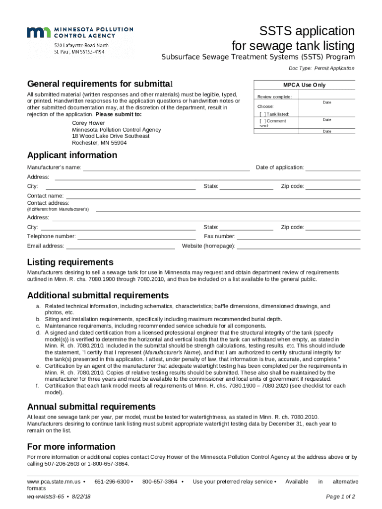 SSTS application for sewage tank listing - Subsurface Sewage Treatment ...