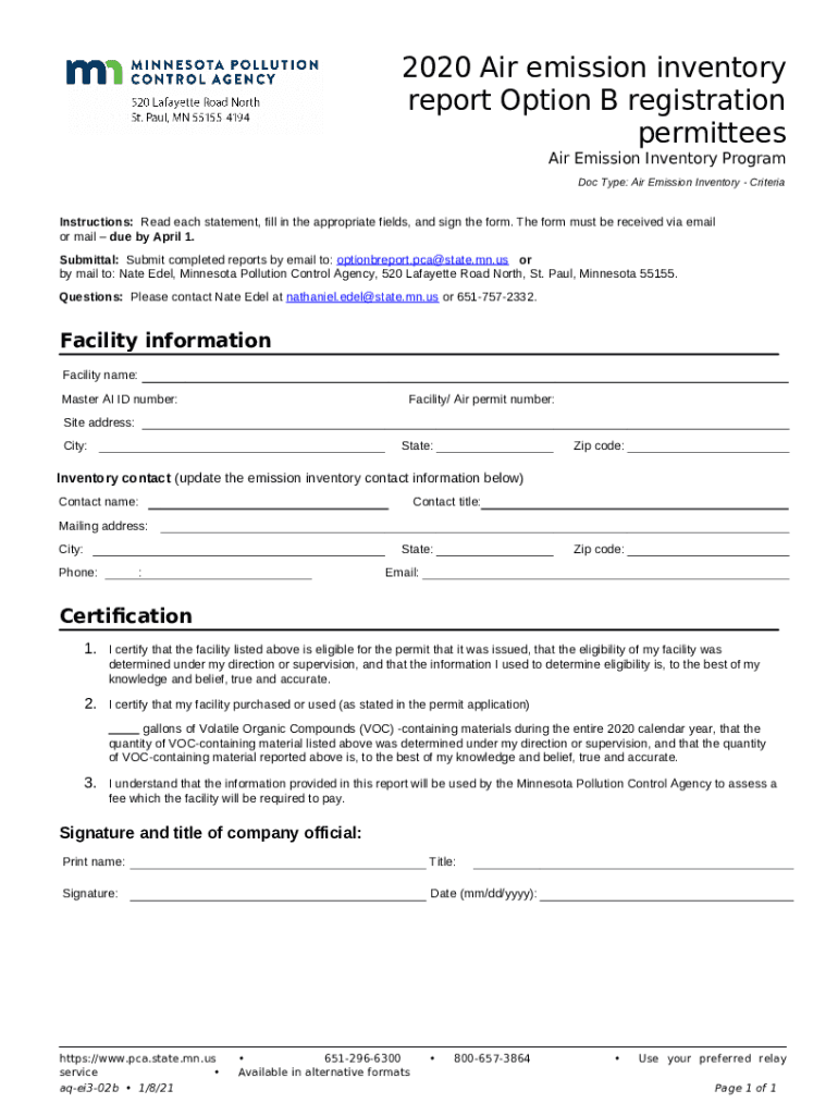 Air emission inventory report - Option B registration permittees ...