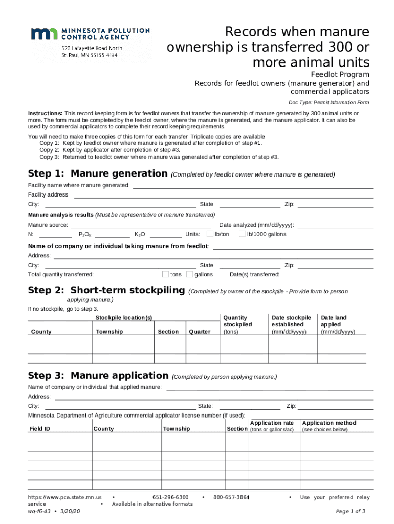 Records when manure ownership is transferred 300 or more animal units ...