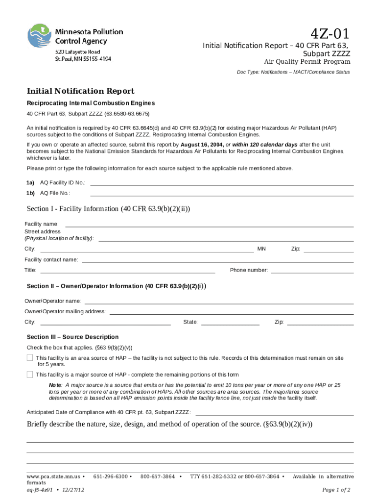 4Z-01 Initial Notification Report - 40 CFR Part 63, Subpart ZZZZ - Air ...