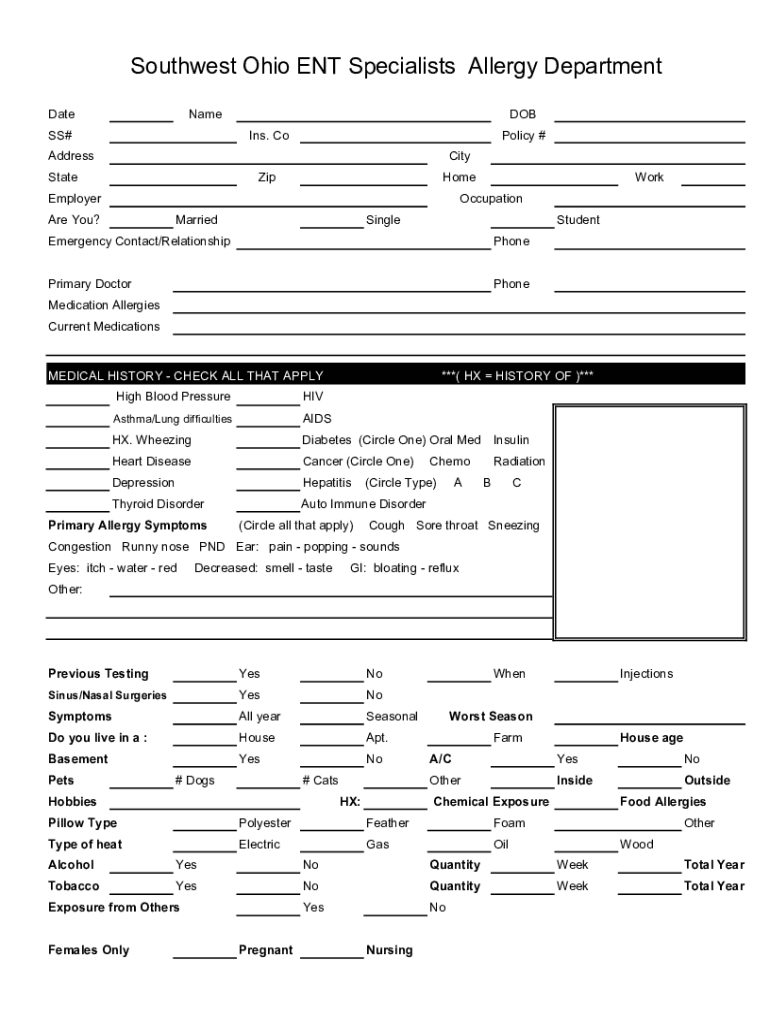 Fillable Online SW Ohio ENT SpecialistsWelcome to Ohio ENT & Allergy ...