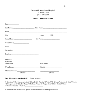 Fillable Online Registration Form - Southwick Veterinary Hospital Fax ...