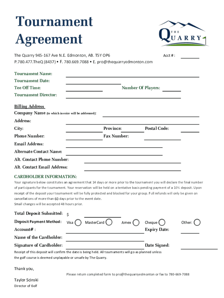 Fillable Online Tournament Agreement - The Quarry Edmonton Fax Email ...