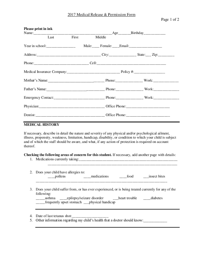 Fillable Online MEDICAL RELEASE AND PERMISSION FORM Please print in ink Fax Email Print - pdfFiller
