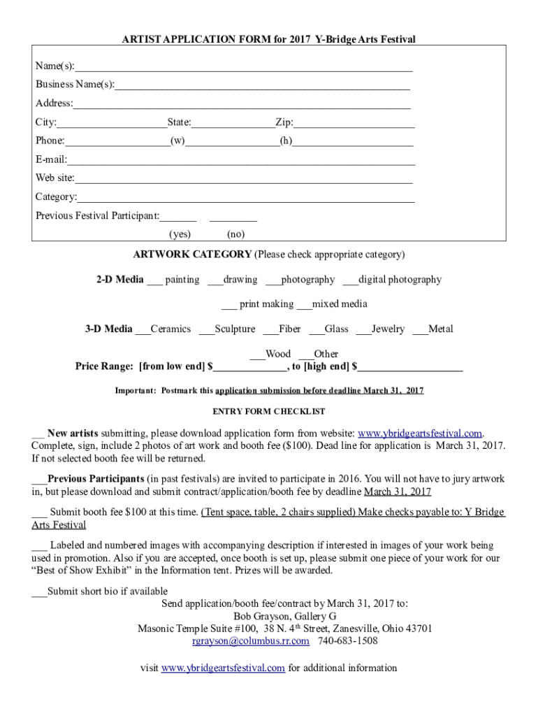 Fillable Online ARTIST APPLICATION FORM for 2017 Y-Bridge Arts Festival ...